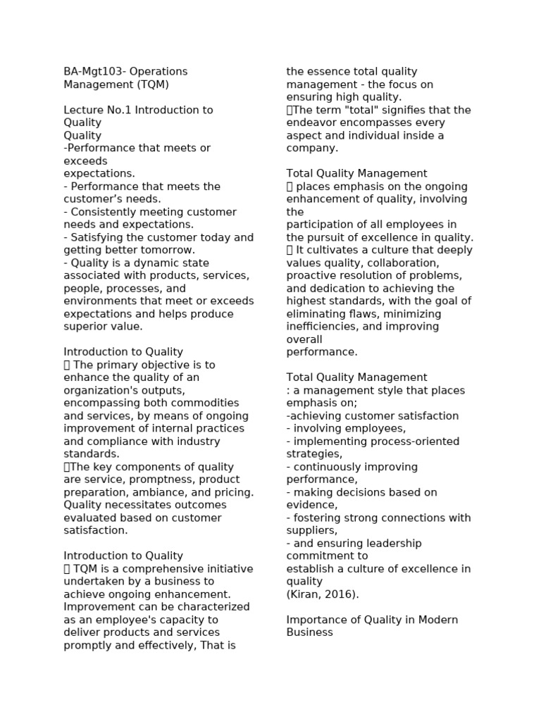 Ba - MGT Total Quality Management | PDF | Quality (Business) | Empowerment