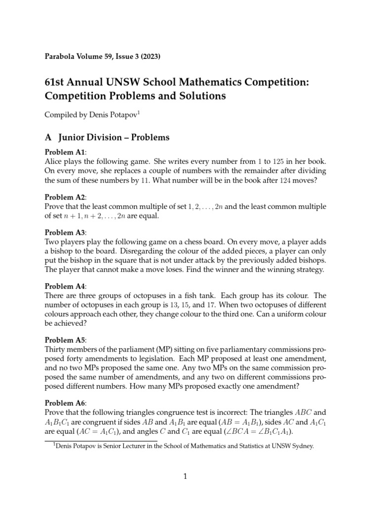 2023 UNSW Math Competition Problems and Answers | PDF | Mathematics ...