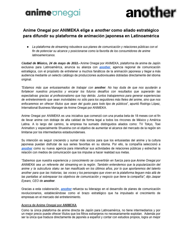 Anime Onegai Por ANIMEKA Elige A Como Aliado Estratégico para Difundir ...