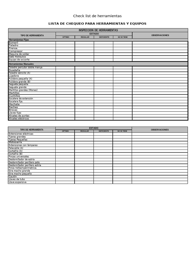 Formato Lista de Chequeo para Herramientas y Equipos | PDF | Equipo | Herramientas de corte