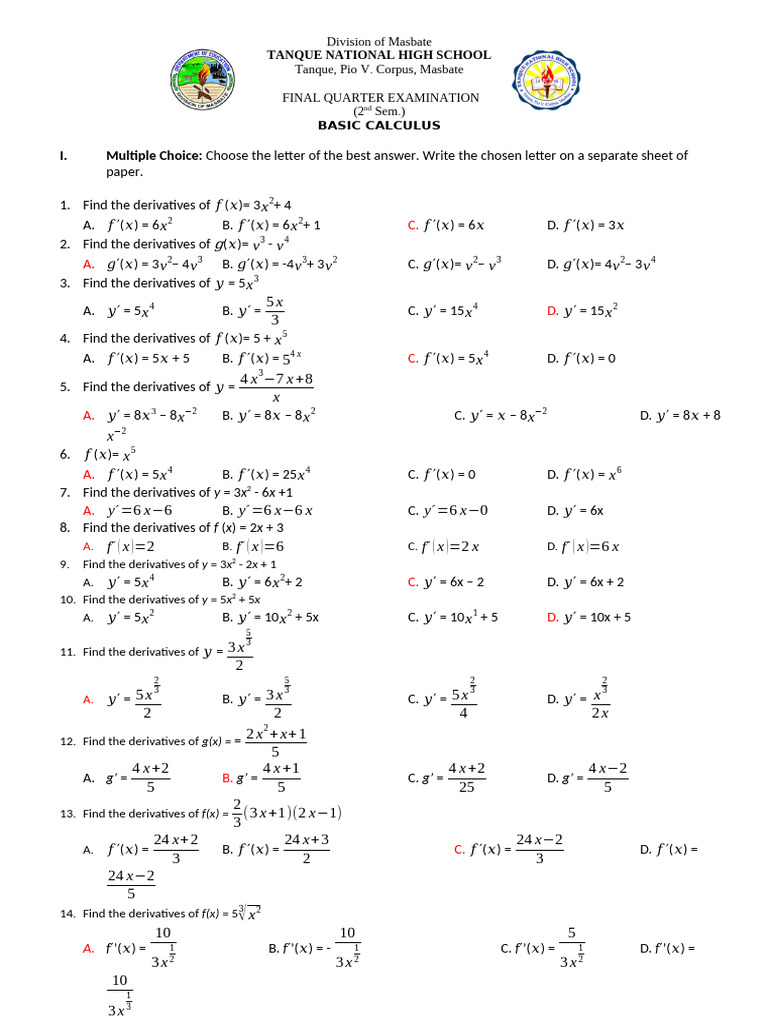Math Basic Cal Final Exam | PDF | Mathematical Objects | Mathematical Relations