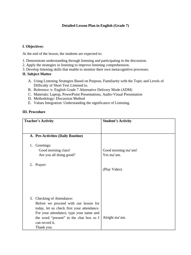 Demo Sed 3204 (Detailed Lesson Plan On English 7) | PDF | Metacognition ...
