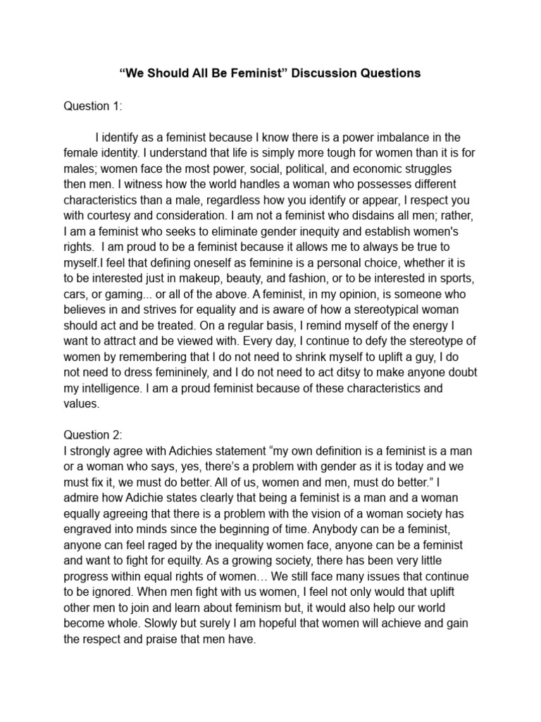 "We Should All Be Feminist" Discussion Questions | PDF | Feminism ...