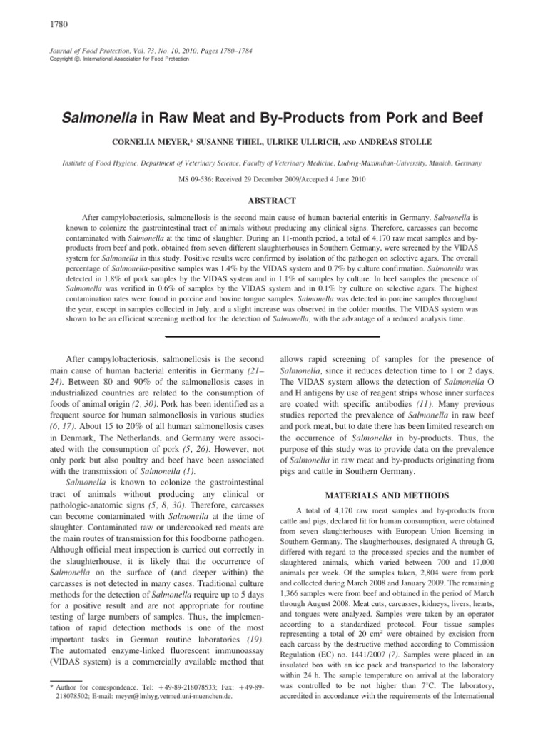 Salmonella in Raw Meat and By-Products From Pork and Beef | PDF | Salmonella | Food Industry
