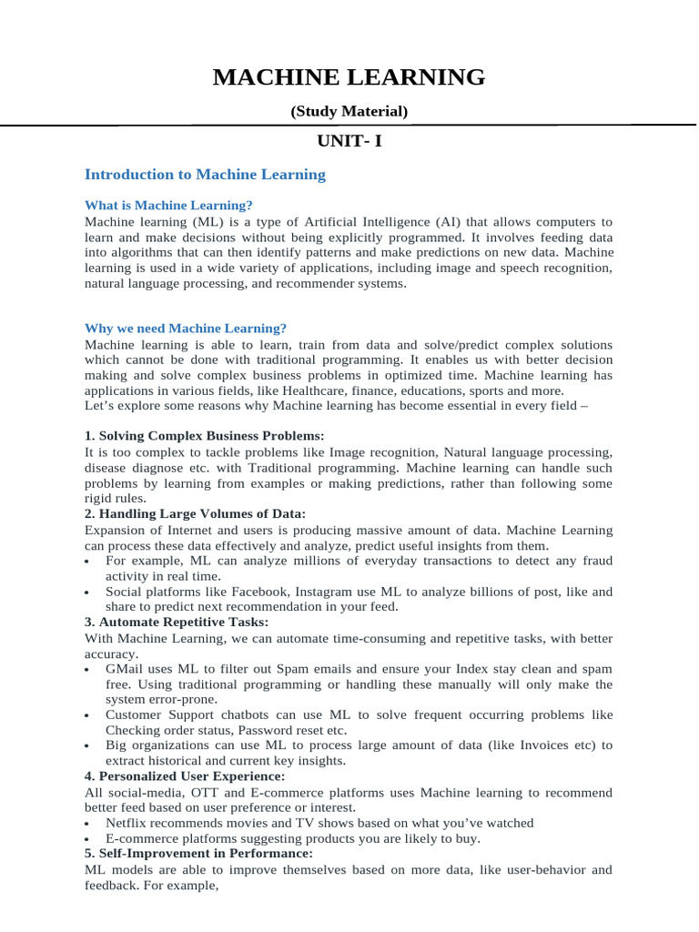 Machine Learning Uint I & Ii | PDF | Machine Learning | Matrix (Mathematics)