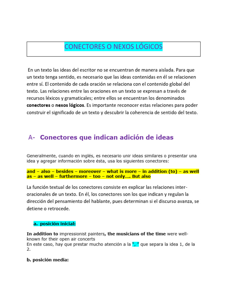 CONECTORES O NEXOS LÓGICOS adición y ejemplificación | PDF