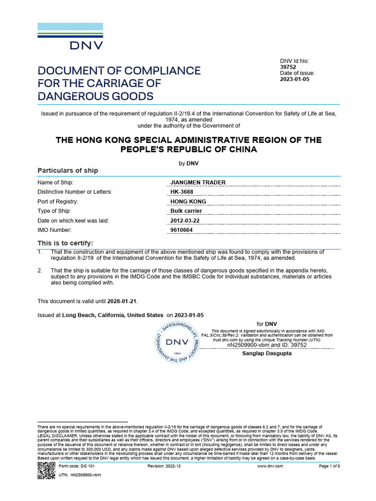 Document of Compliance For The Carriage of Dangerous Goods - 2023-01-05 | PDF | Dangerous Goods ...