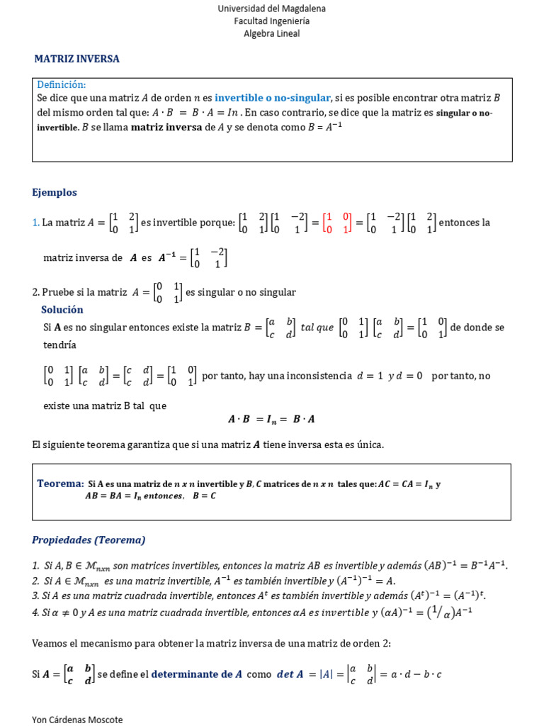 Definición y Propiedades de Matrices Inversas | PDF | Matriz ...