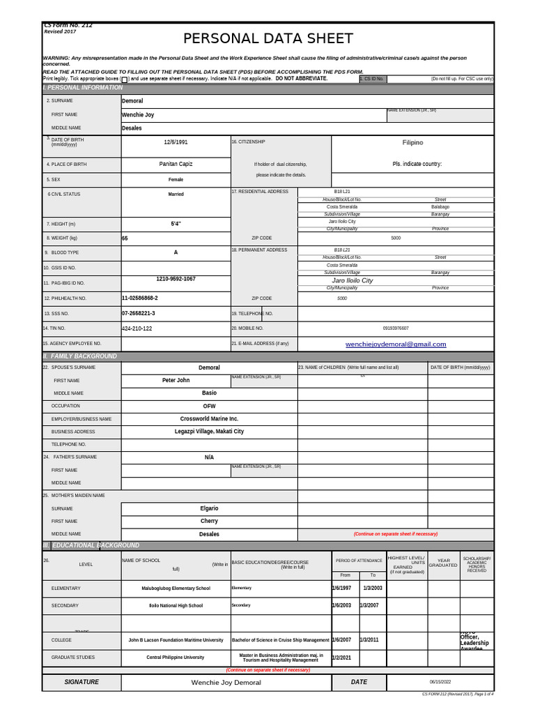 Personal Data Sheet (PDS) Template | PDF | Passport | Government
