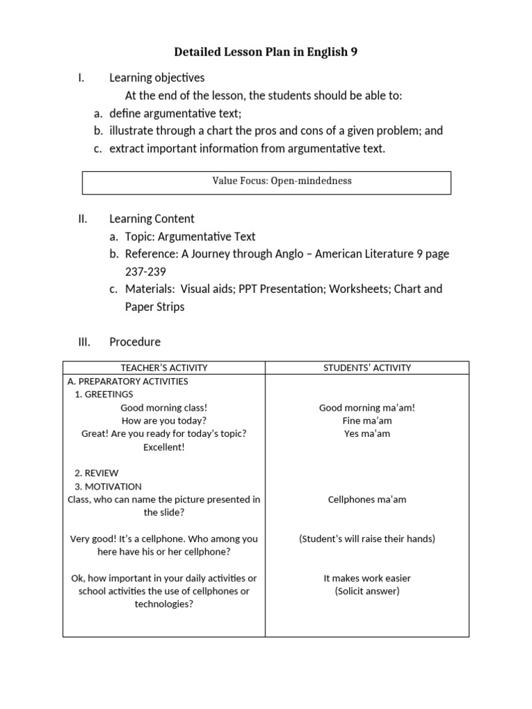 Lesson Plan: Argumentative Text in English 9 | PDF | Lesson Plan ...