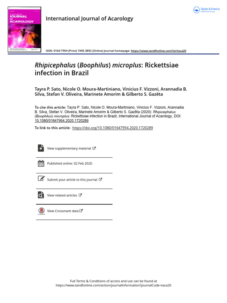 (SATO ET AL, 2020) Rhipicephalus (Boophilus) microplus- Rickettsiae infection in Brazil | PDF ...