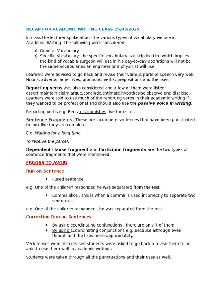 Recap For Academic Writing Class | PDF