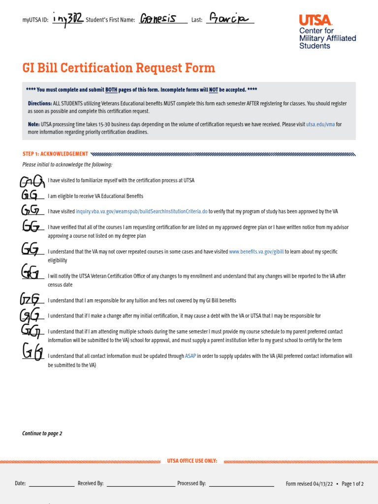 GI Bill Certification Request Form | PDF | G.I. Bill | Government