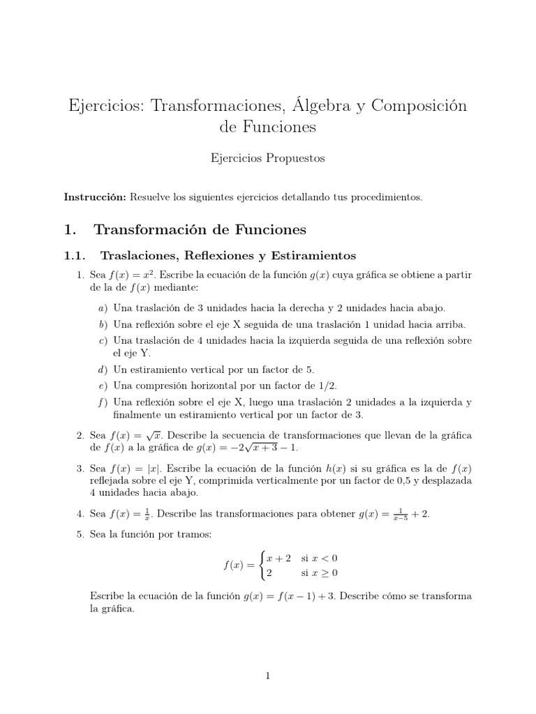 Guia Ejercicios Transformaciones, Álgebra y Composición de Funciones | PDF | Matemáticas ...