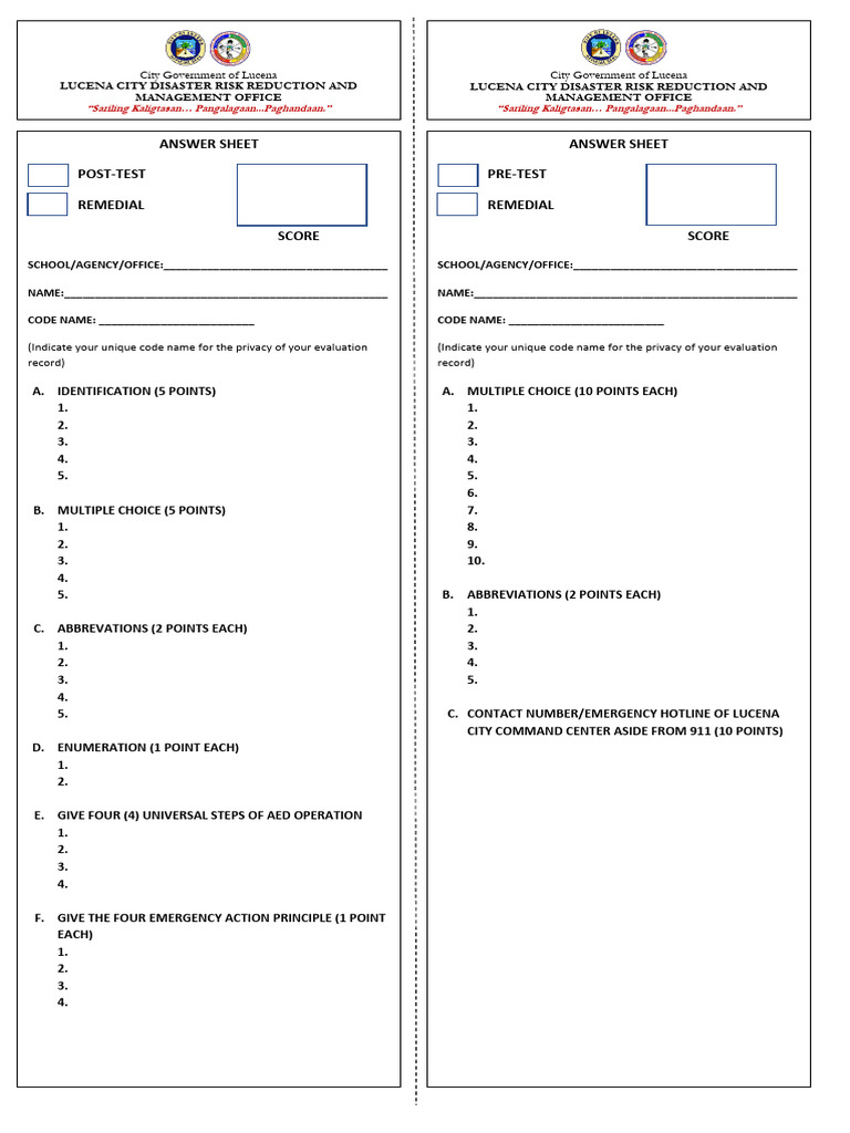 Answer Sheet Pre-Test and Post Test | PDF