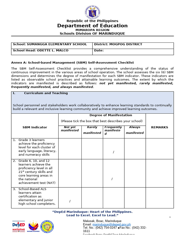 2025 SBM Self Assessment Checklist Sumangga Es | PDF | Learning | Schools