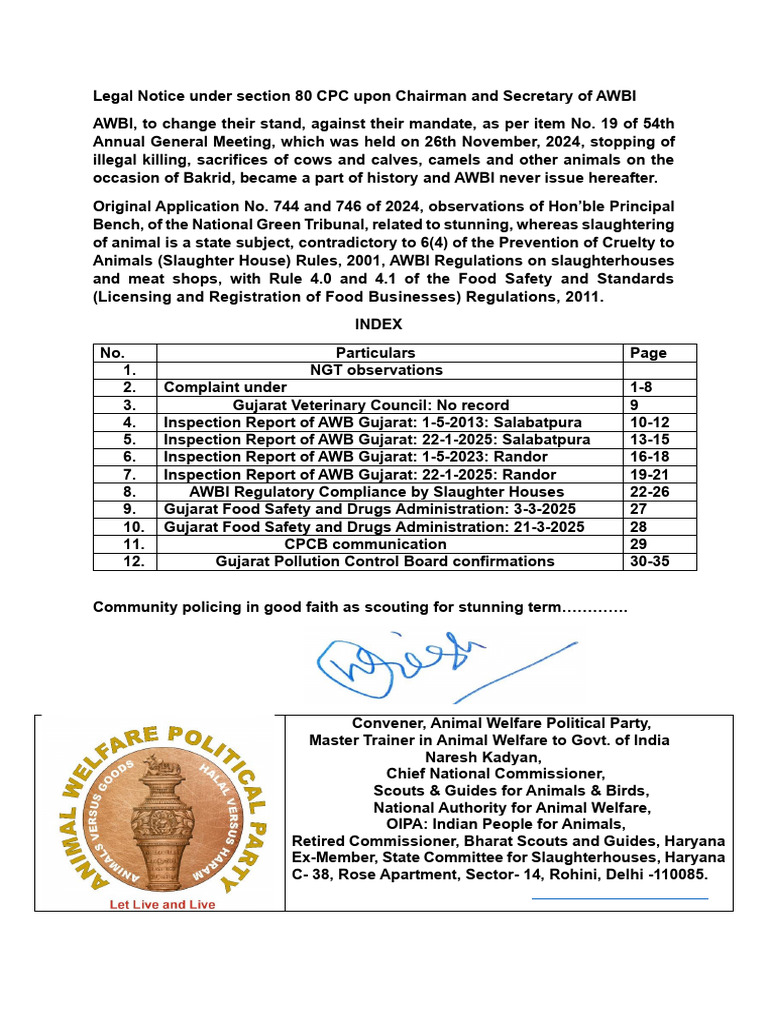 Legal Notice Under Section 80 CPC Upon AWBI: To Crack Down Both 2 Slaughterhouses of Surat ...