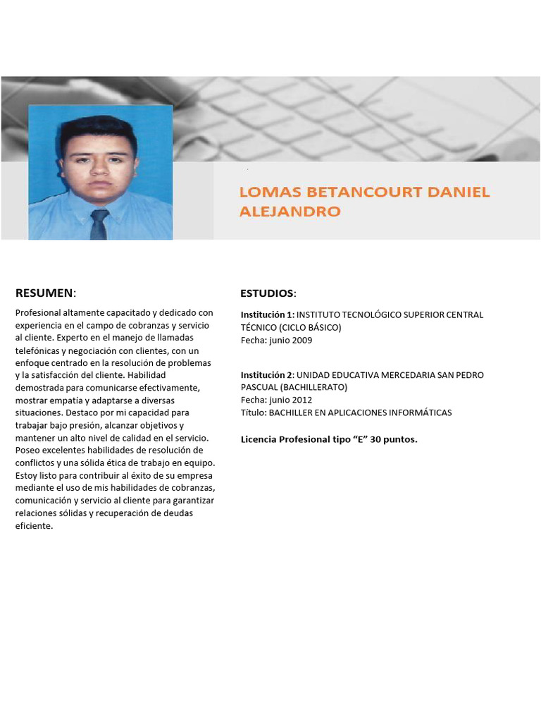 Hoja de Vida Daniel Lomas | PDF | Centro de llamadas | Servicio al Cliente