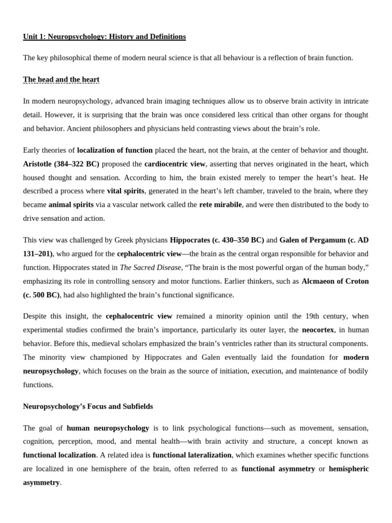 Unit 1 Notes Neuropsychology | PDF | Aphasia | Neuropsychology