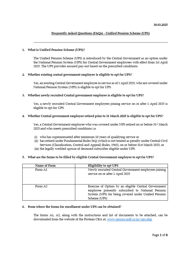 FAQs - Unified Pension Scheme (UPS) | PDF | Pension | Employee Benefits