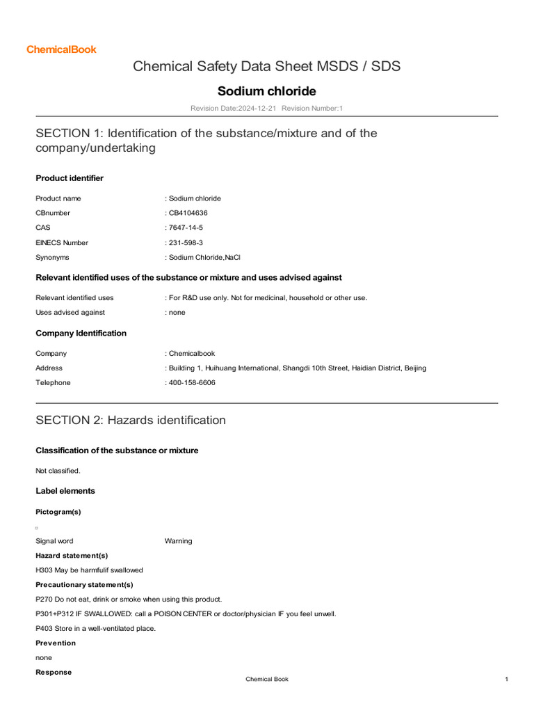 Sodium Chloride MSDS Overview | PDF | Dangerous Goods | Firefighting