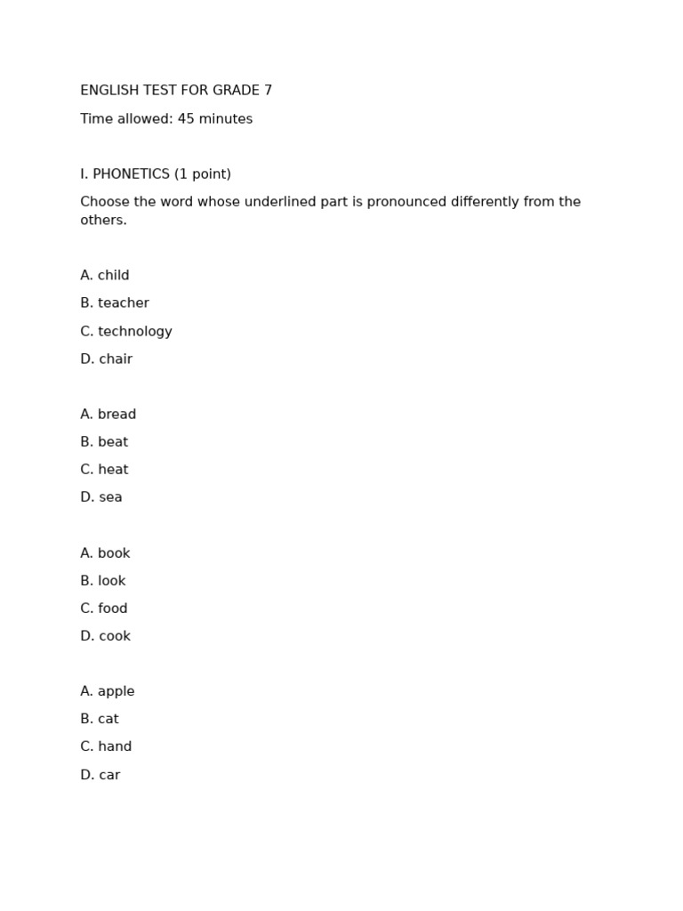 ENGLISH TEST FOR GRADE 7 | PDF | Linguistics