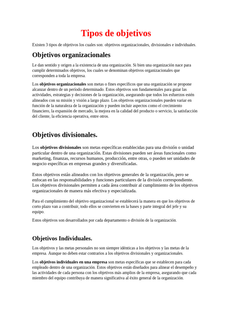 Tipos de objetivos en organizaciones | PDF | Business | Gestión de ...