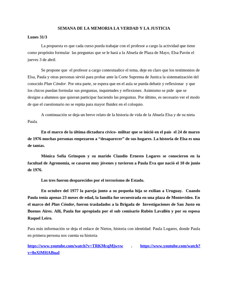 Semana de la Memoria: Elsa y Paula Logares | PDF