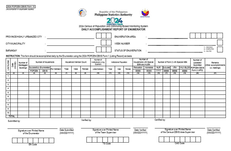 2024 POPCEN CBMS Form 15 Daily Accomplishment Report of Enumerator | PDF | Statistical Data Sets ...