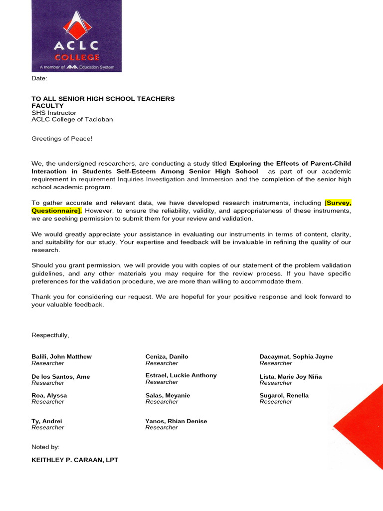 Letter For Validation Validation Sheet FINAL | PDF | Psychology | Cognition