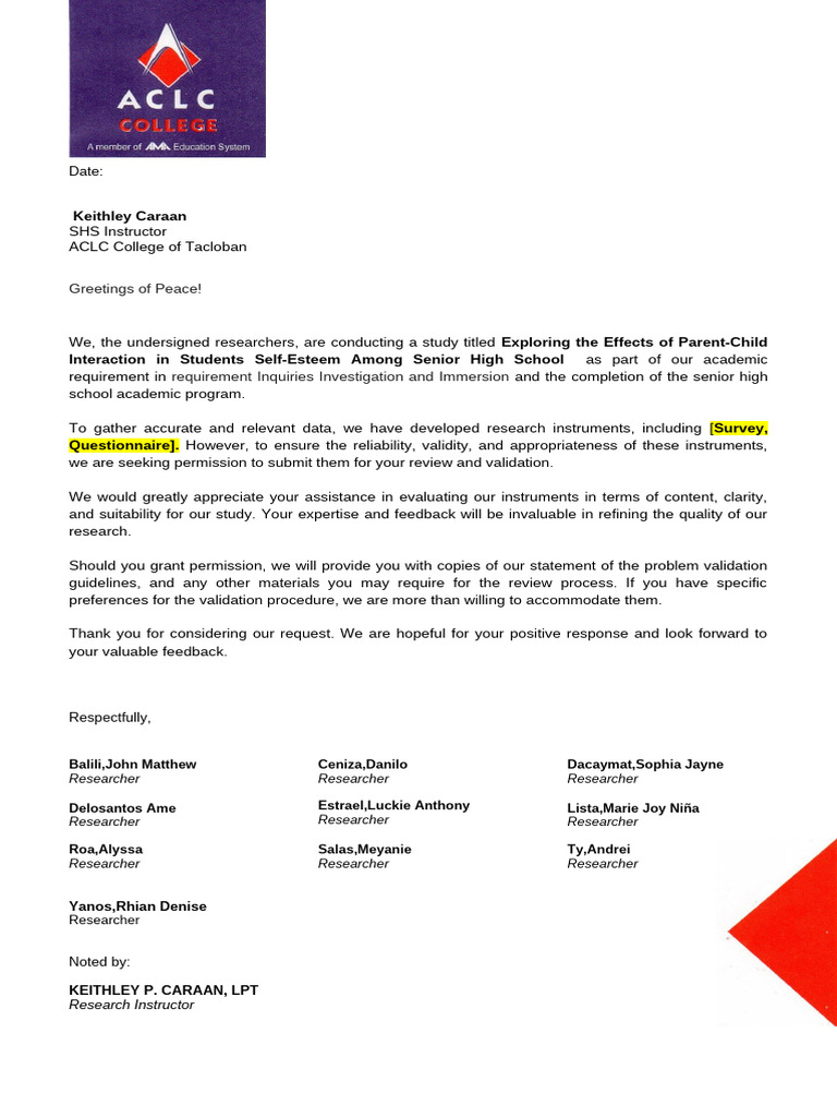 Letter For Validation Validation Sheet FINAL | PDF | Psychology | Cognition