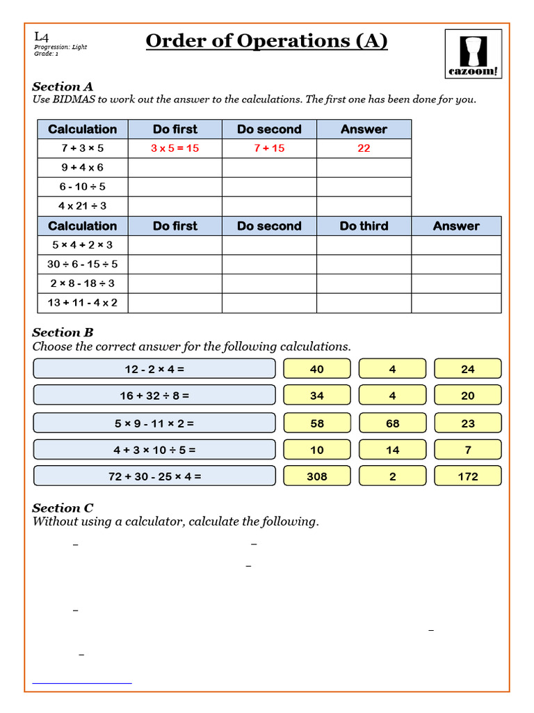 Algebra. Level 4. Bidmas. Order of Operations (A) | PDF