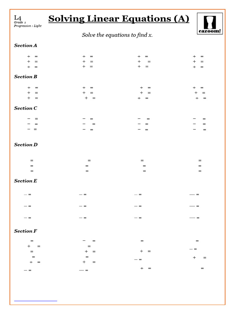 Algebra. Level 4. Equations. Solving Linear Equations (A) | PDF ...