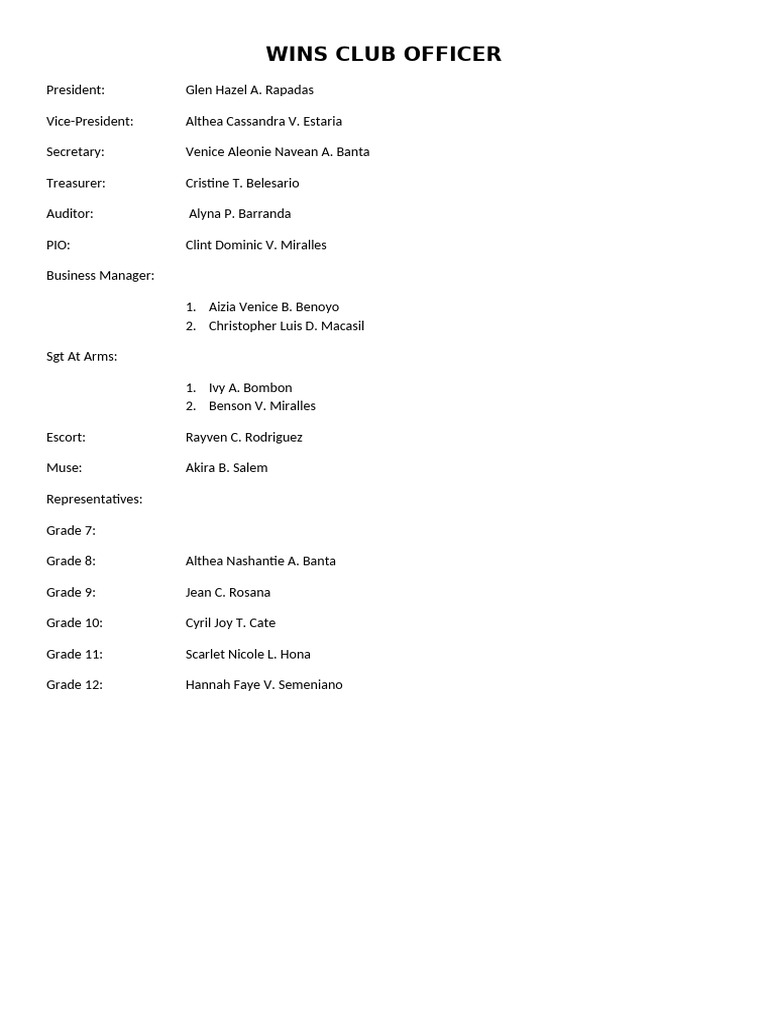 Wins Club Officer | PDF