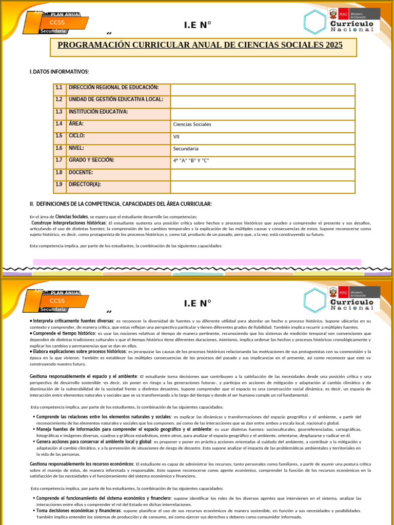 4° Sec. Plan Anual Ciencias Sociales 2025 | PDF | Aprendizaje | Enseñando