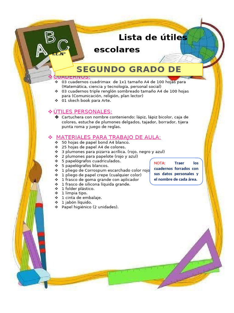 Lista de Útiles 2do Grado - 2025 - 095107 | PDF