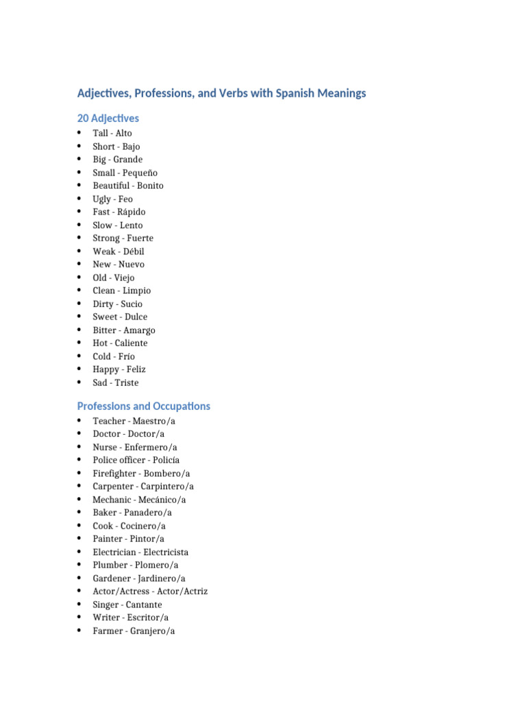 Adjectives Professions Verbs With Spanish | PDF
