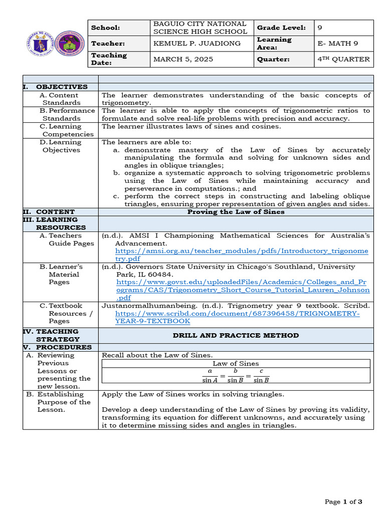 Juadiong, Kemuel P. - 33th Lesson Plan | PDF | Trigonometry ...