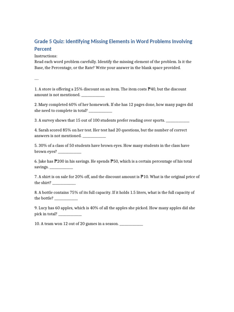 Grade_5_Quiz_Percent | PDF