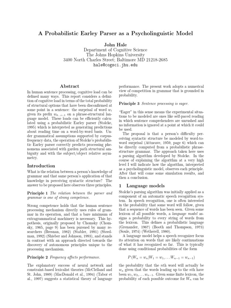 Probabilistic Earley Parser in Psycholinguistics | PDF | Parsing ...