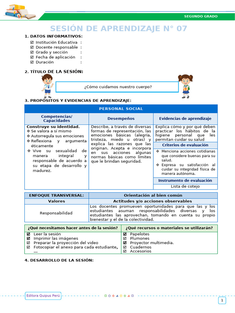 Sesiones de Aprendizaje - EDA II Semana 2 - Editora Quipus Perú | PDF | Lavado de manos | Evaluación