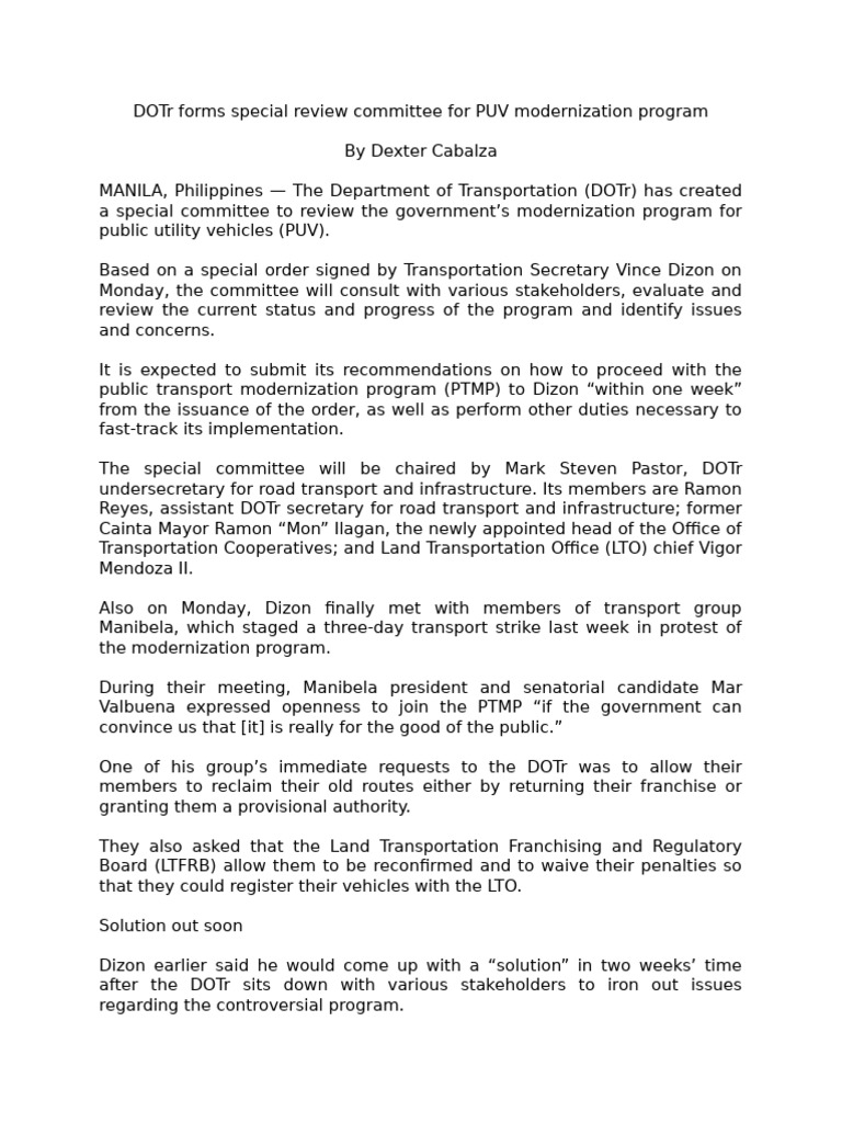DOTr Forms Committee for PUV Modernization | PDF | Philippines | Government