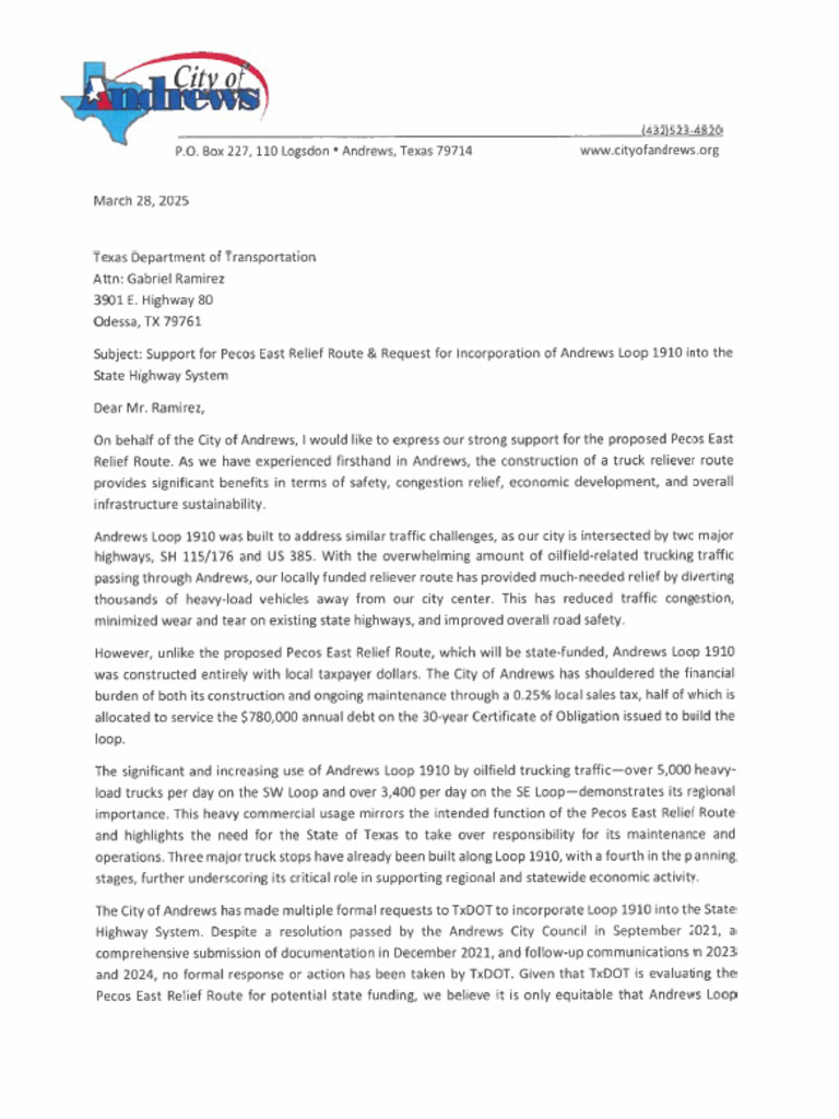 Comment Letter On Pecos East Relief Route | PDF