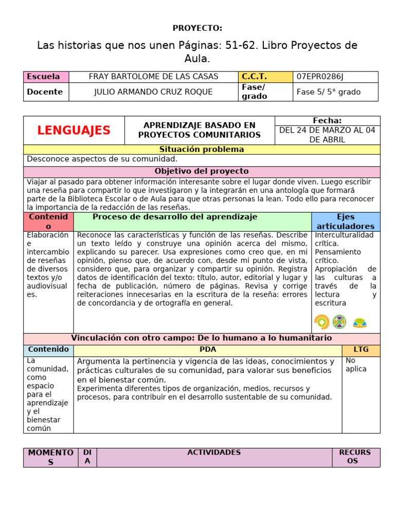 5° Proyecto Lenguajes Las Historias Que Nos Unen Libro Pa | PDF | Salón de clases | Aprendizaje