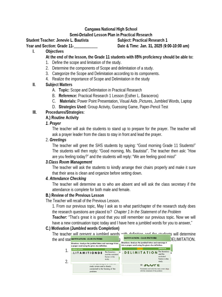 Lesson Plan: Scope and Delimitation | PDF | Methodology | Scope ...