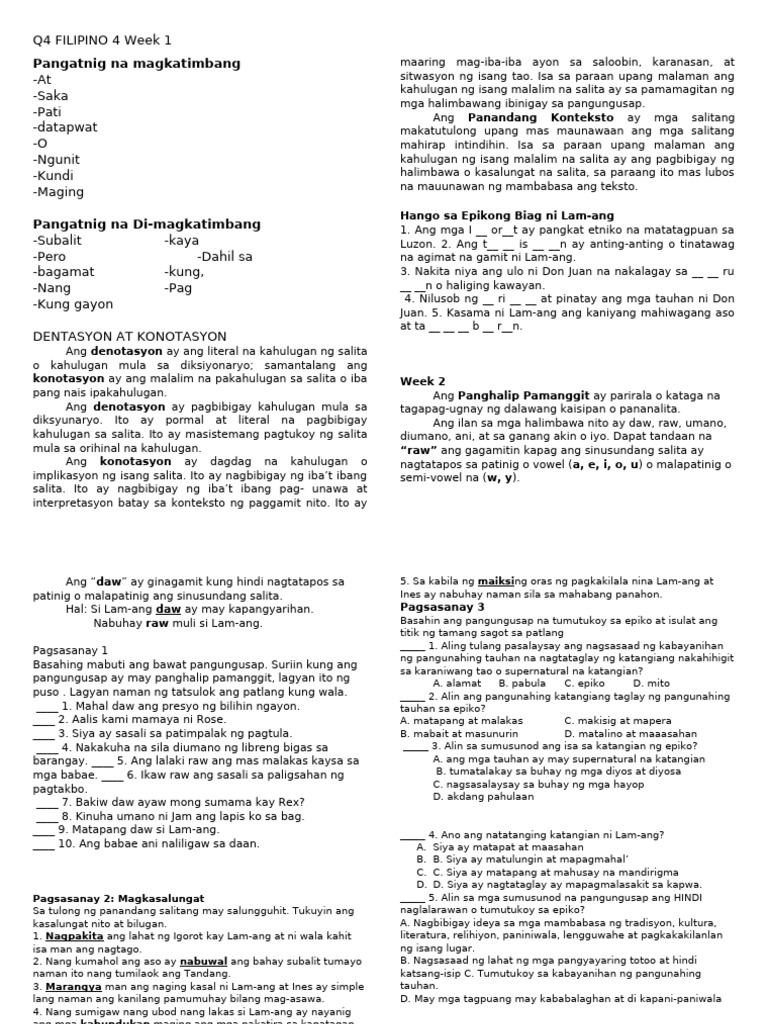 Q4 FILIPINO 4 Week 1&2 | PDF