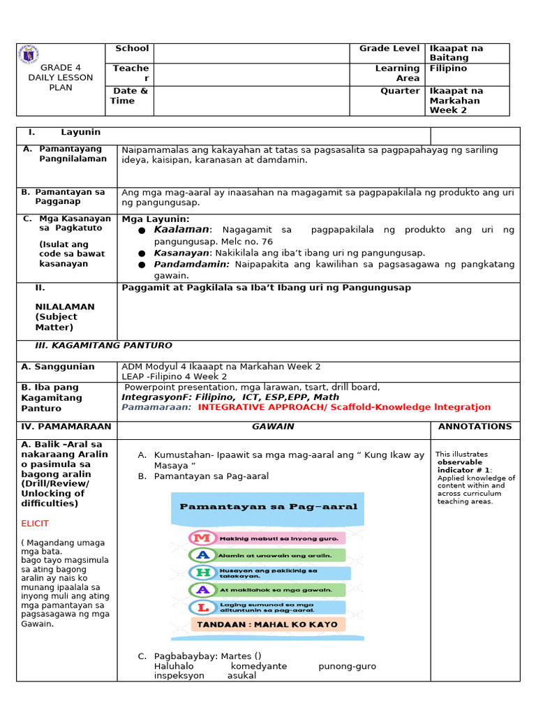 Cot - Filipino 4 Q4 W2 | PDF