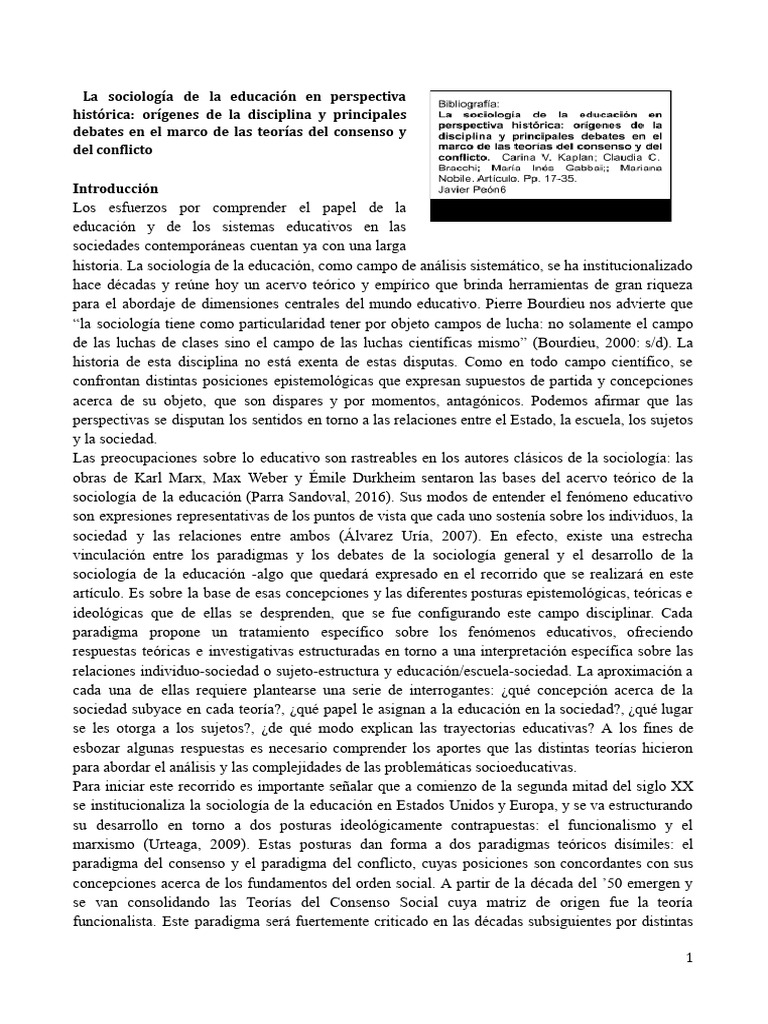 Kaplan y Otros. La Sociolog-A de La Educaci-N en Perspectiva Hist-Rica | PDF | Sociología | Sociedad