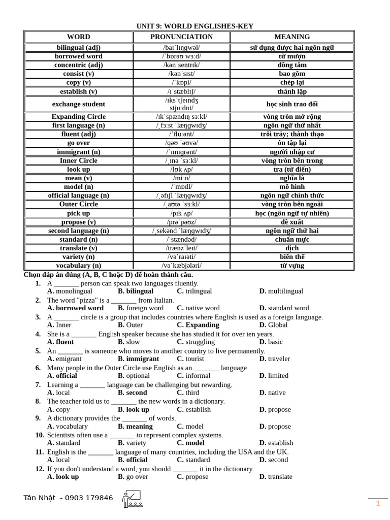 BT T V NG Unit 9 - Key | PDF | Multilingualism | English Language