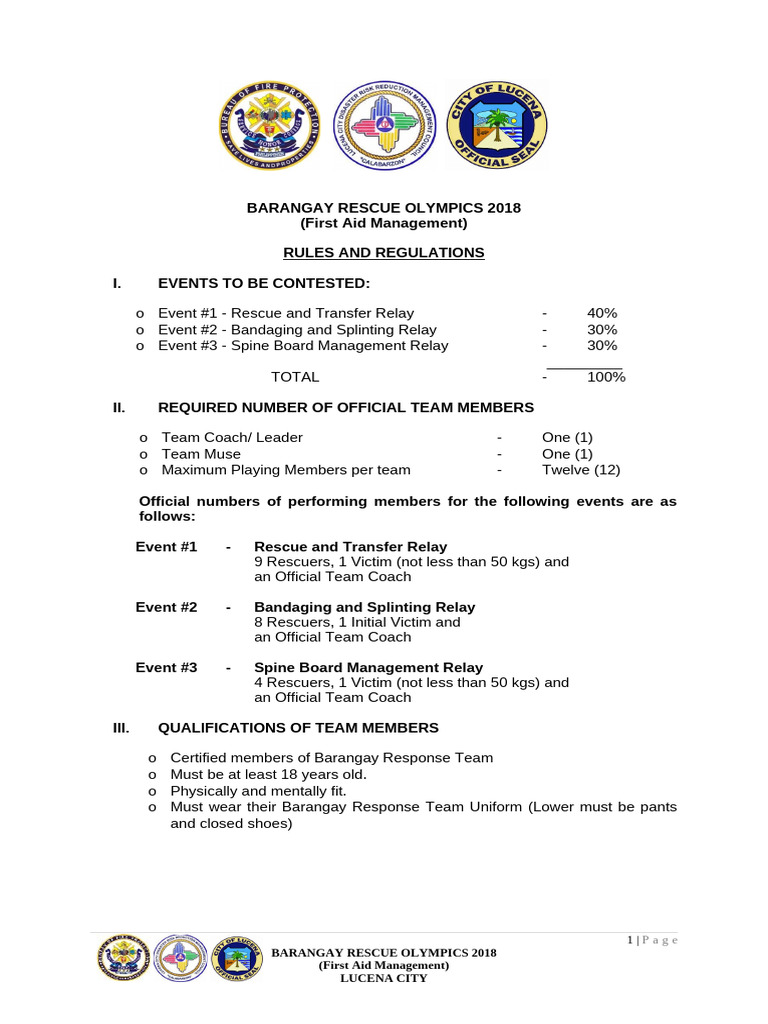 2018 BARANGAY RESCUE OLYMPICS Mechanics | PDF